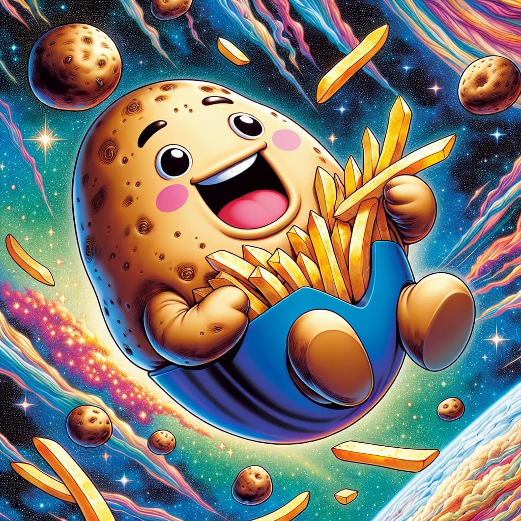 mr potato eating delicious hot potato fries flying through the galaxy - AI Generated Artwork ...
