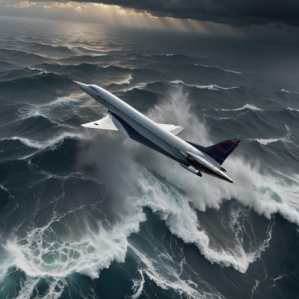 A modern version of the Concorde flying over the stormy Atlantic ocean ...