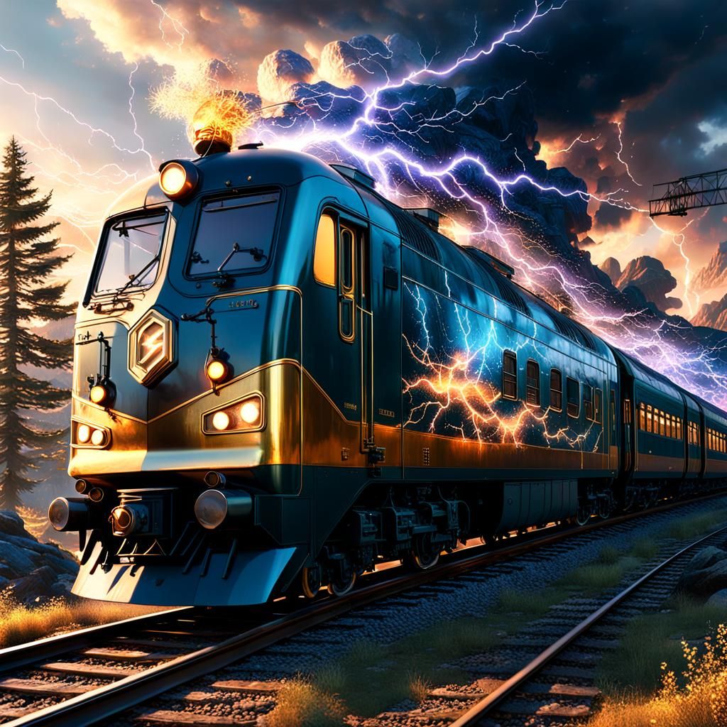 Lightning train in golden hour - AI Generated Artwork - NightCafe Creator