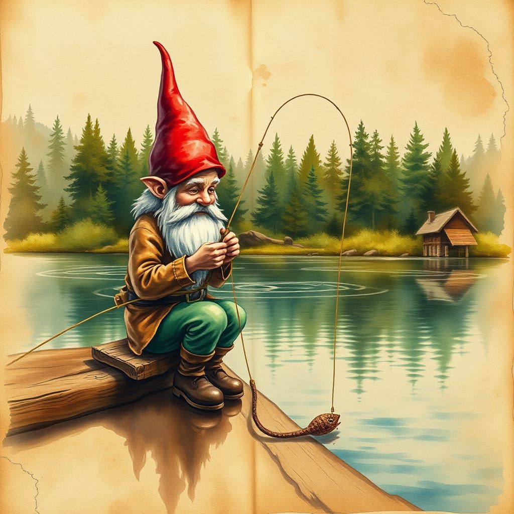 Tea stained map on parchment. Double-exposure: Image of a gnome baiting ...