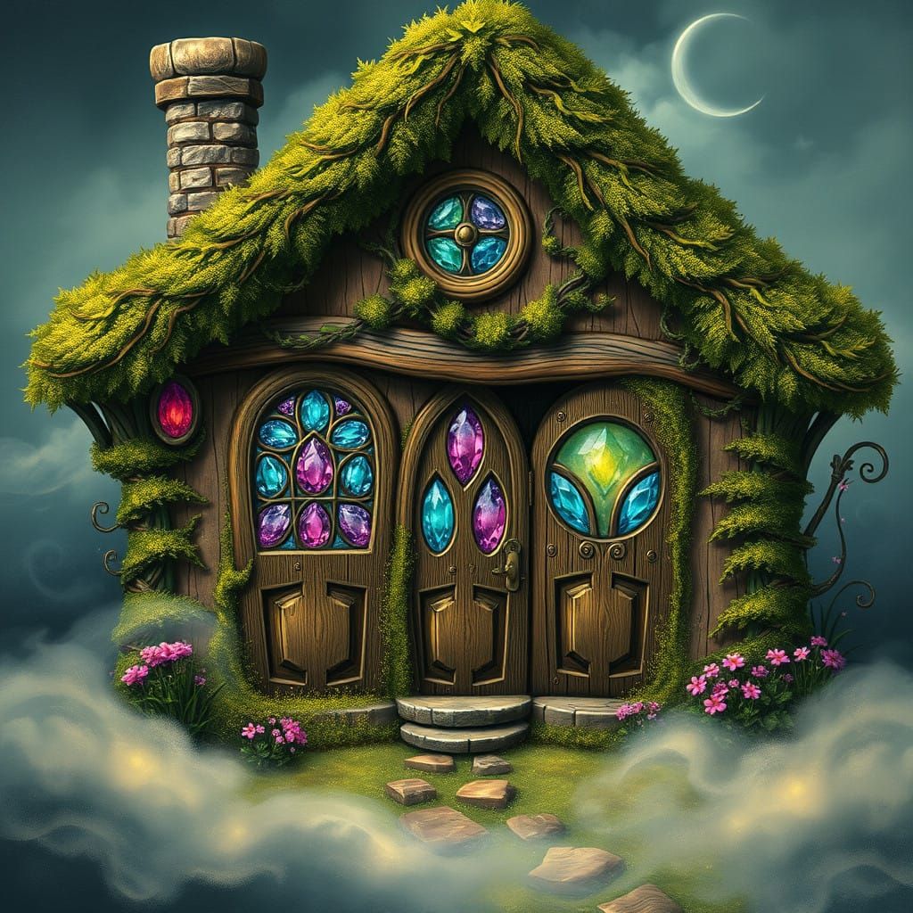 Whimsical Cottage in a Dreamlike Landscape with Sh... - AI Art