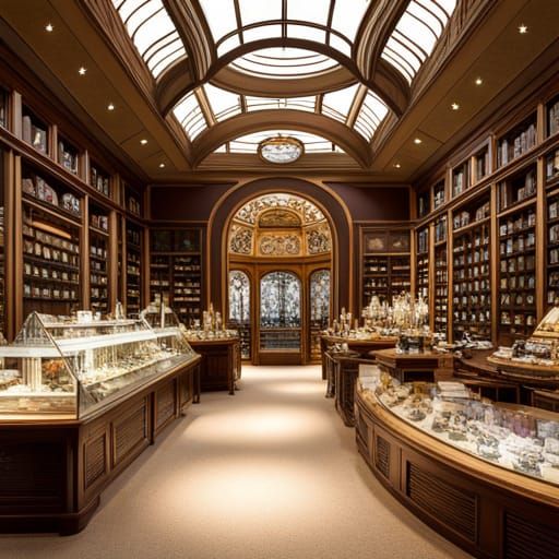 The inside of a crystal shop, with displays of many different types of ...