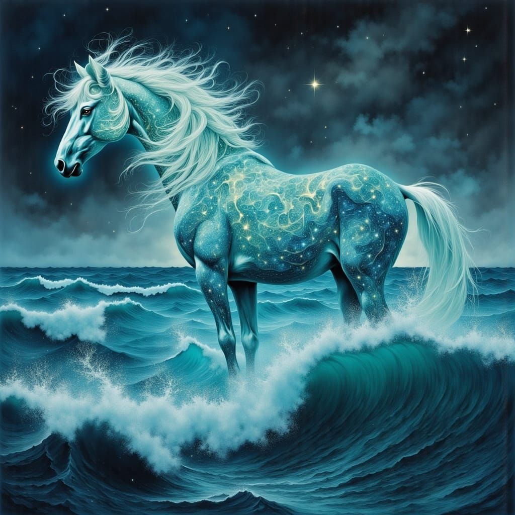 Ethereal Glashtyn Rises from Ocean Waves in Dreamy... - AI Art