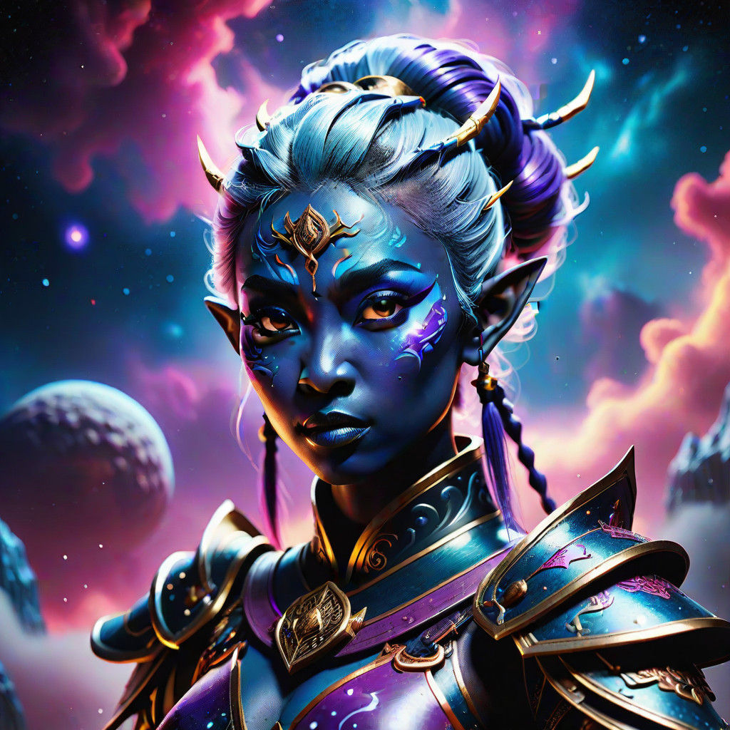 Drow Elf Samurai in Vibrant Nebula Landscape - AI Art