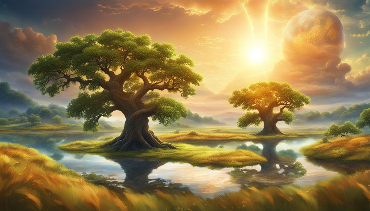 fantasy, World tree oak, fantastic landscape, 2 suns in the sky ...