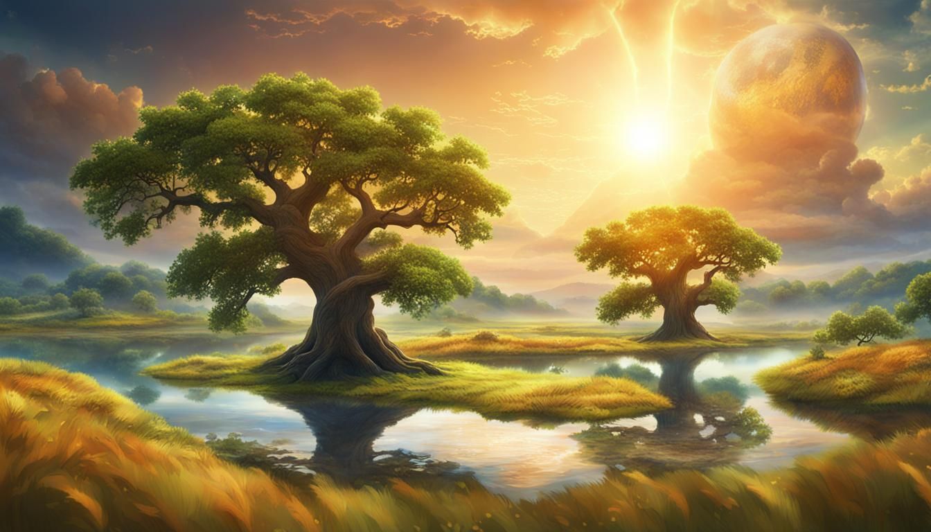 fantasy, World tree oak, fantastic landscape, 2 suns in the sky ...