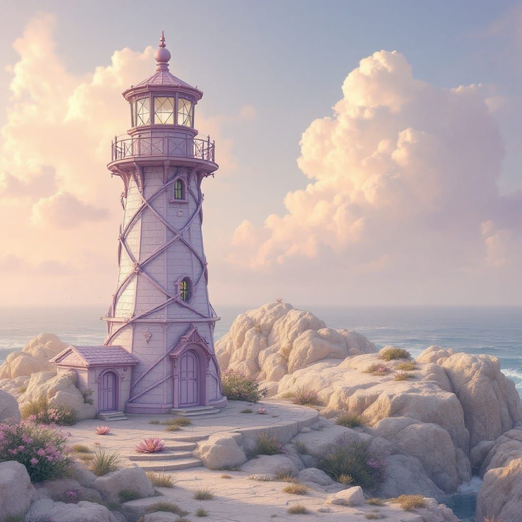 Whimsical Lavender Purple Lighthouse Amidst Twiste... - AI Art
