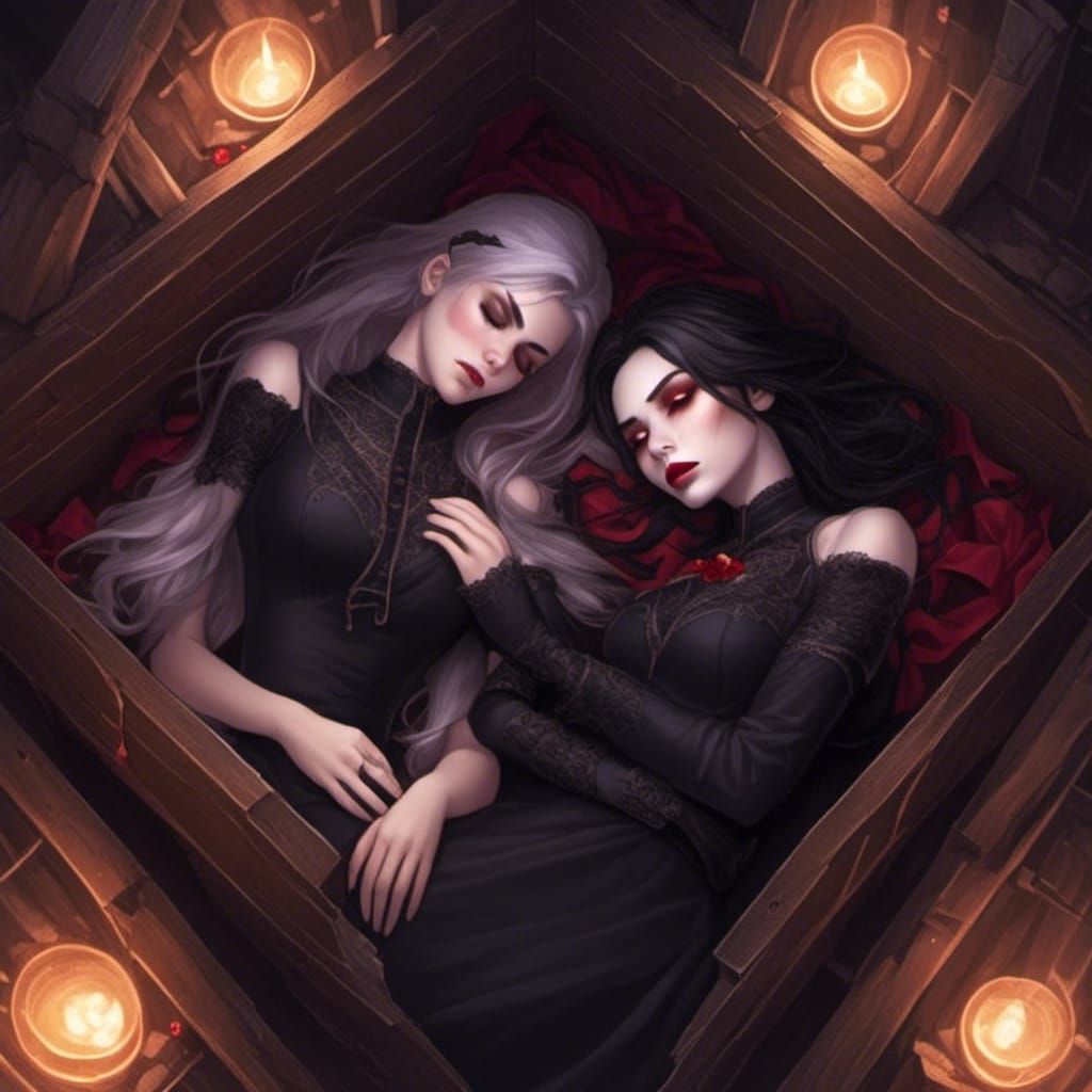 Two beautiful gothic female vampires inside a full sized coffin ...