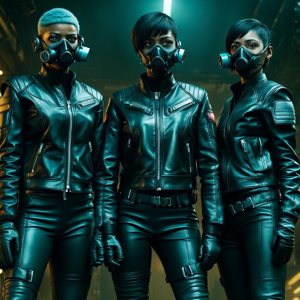 We see three, short haired, Black female clones standing side by side ...