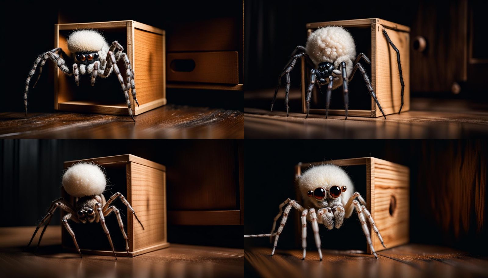 Close-up: A small spider-like monster covered with thick wool crawls ...