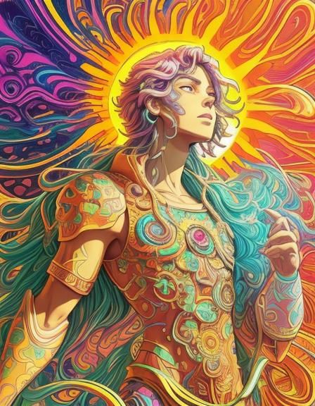 (androgynous Apollo the god of the sun in warm colors, surrounded by ...