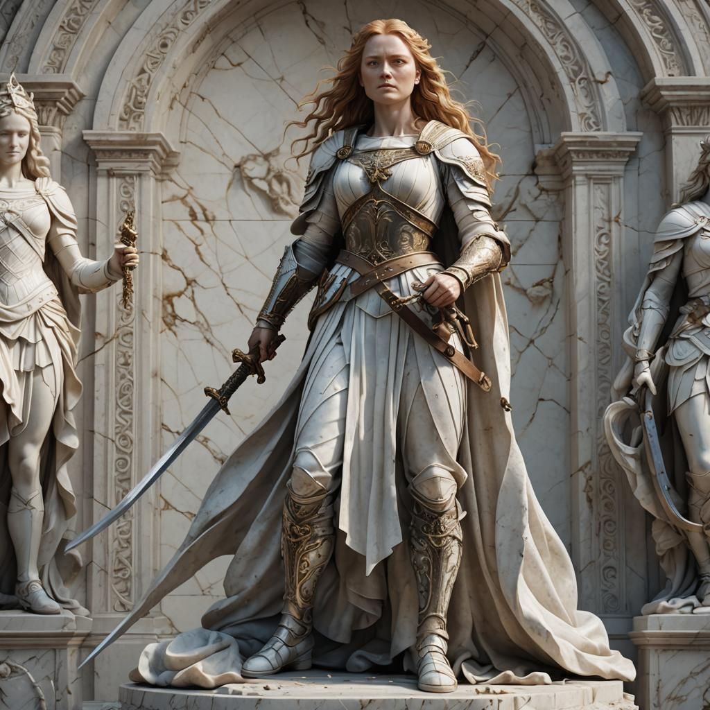 White marble full body Sculpture in Michaelangelo's style. Miranda Otto Eowyn holding a sword ...
