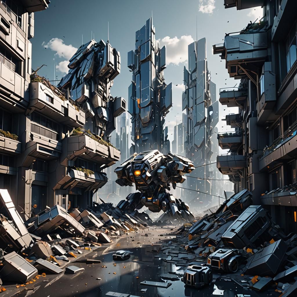 A futuristic city made from the broken and collapsed shards of a ...