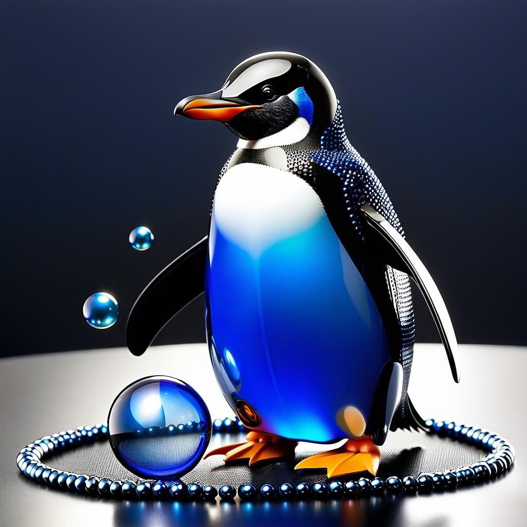 Surreal Warrior and Penguin in a Metallic, Sapphir... - AI Art