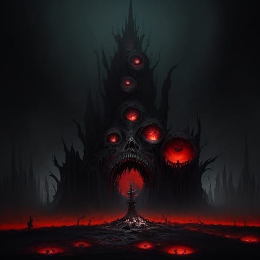 A colossal, eerie Pillar of Evil, reminiscent of Hieronymus Bosch's ...