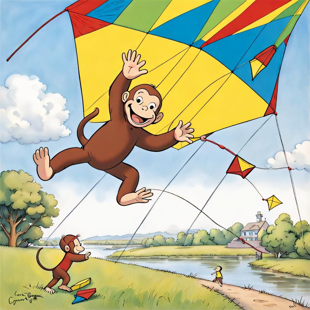 Curious George Flies a Kite - AI Generated Artwork - NightCafe Creator