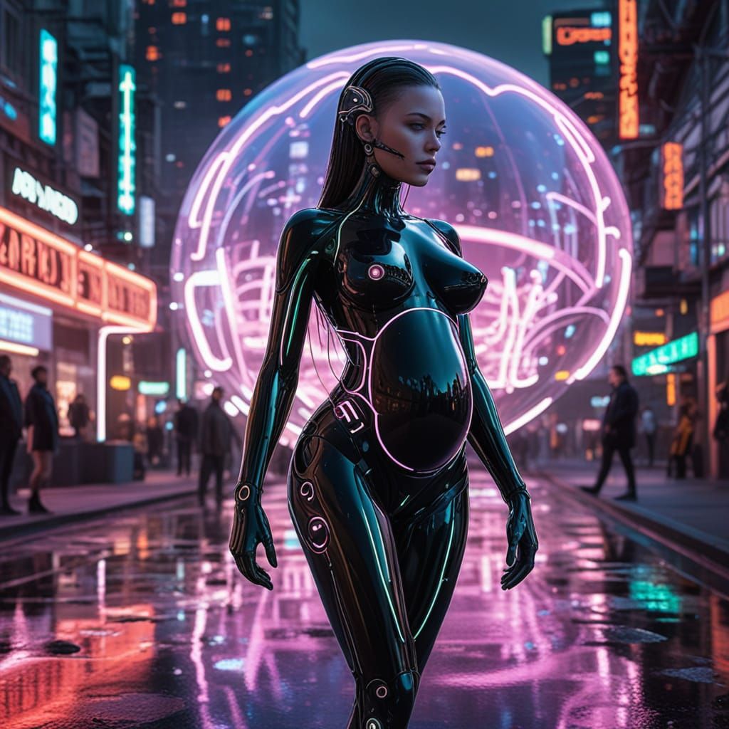 Pregnant Cyborg in Neon Cyberpunk Cityscape - AI Art