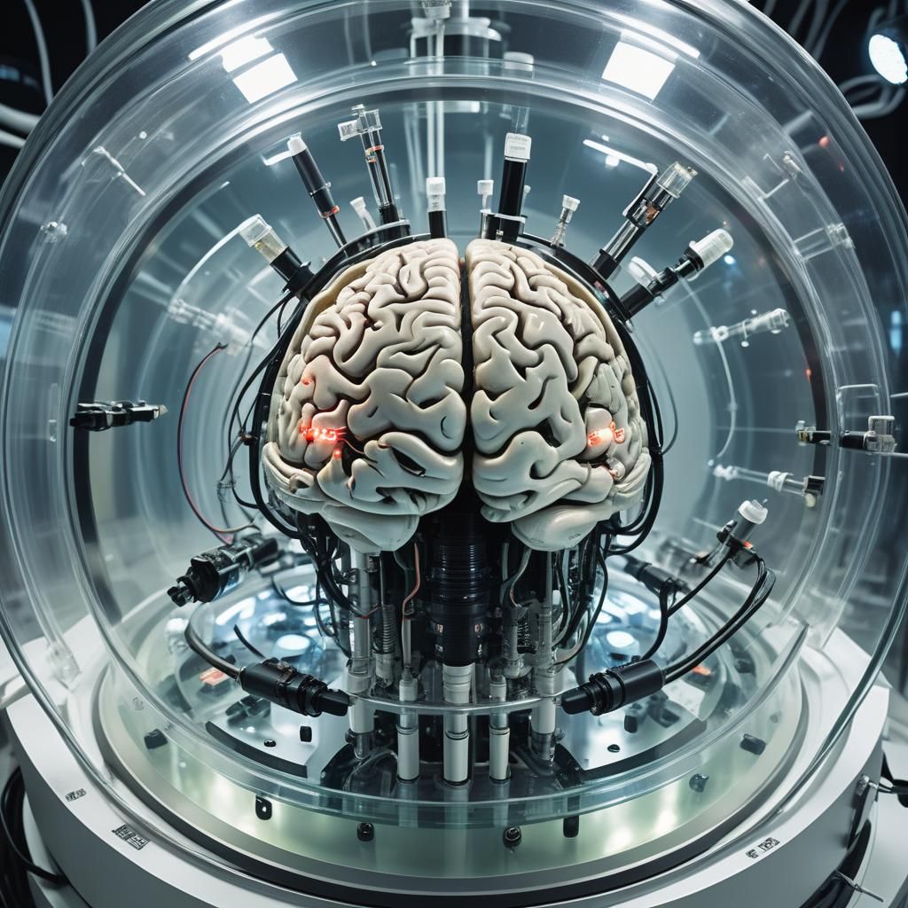 View of a disembodied human brain stored in a cylindrical glass tank ...