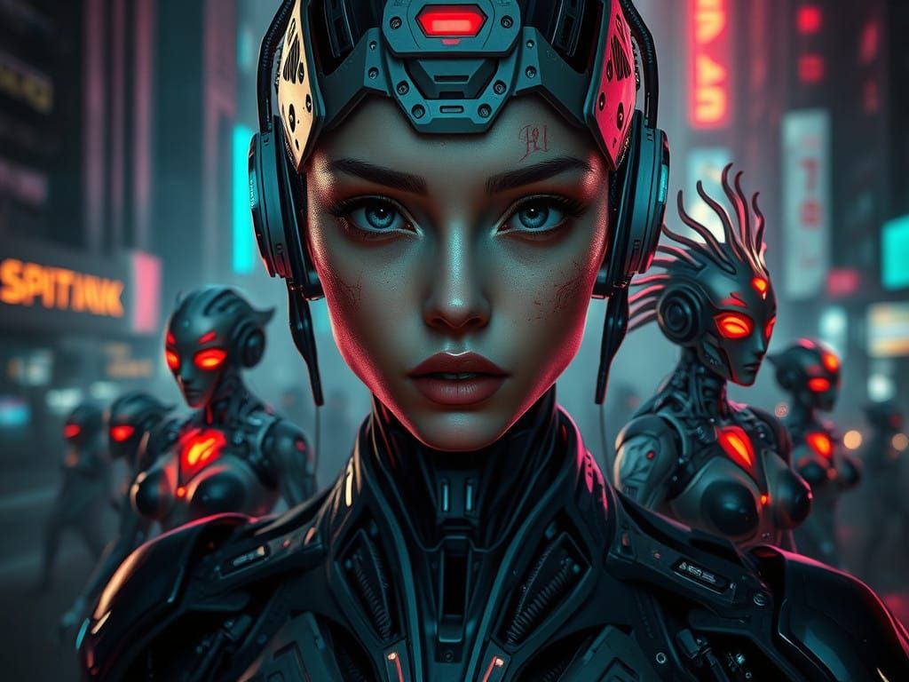 Ethereal Cyborg Goddess in Dark Cyberpunk Cityscap... - AI Art