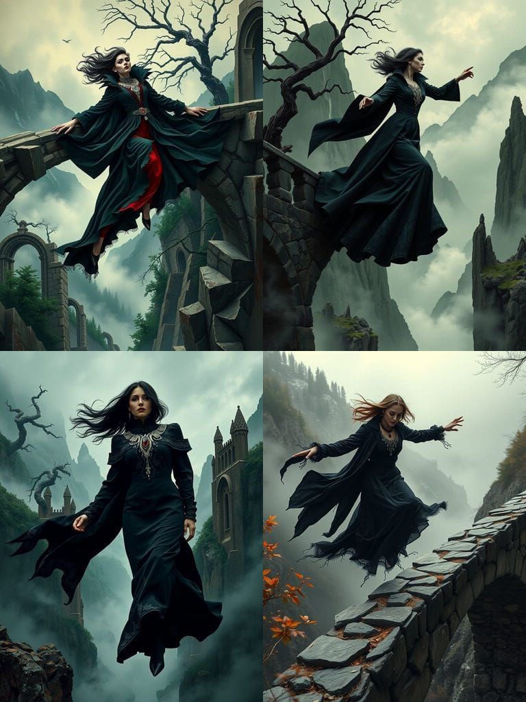 A goth woman diving from a bridge, wearing long dress and a long coat ...