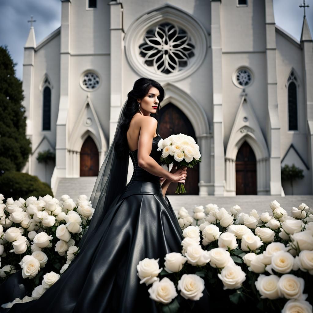 Black haired bride with beautiful bosom in a black leather wedding ...