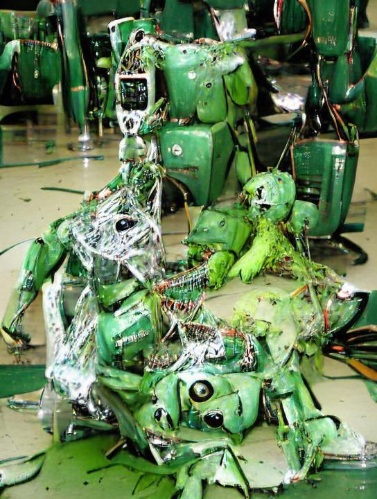 Monster robot broken robot. Green color. destroyed with its wire guts ...