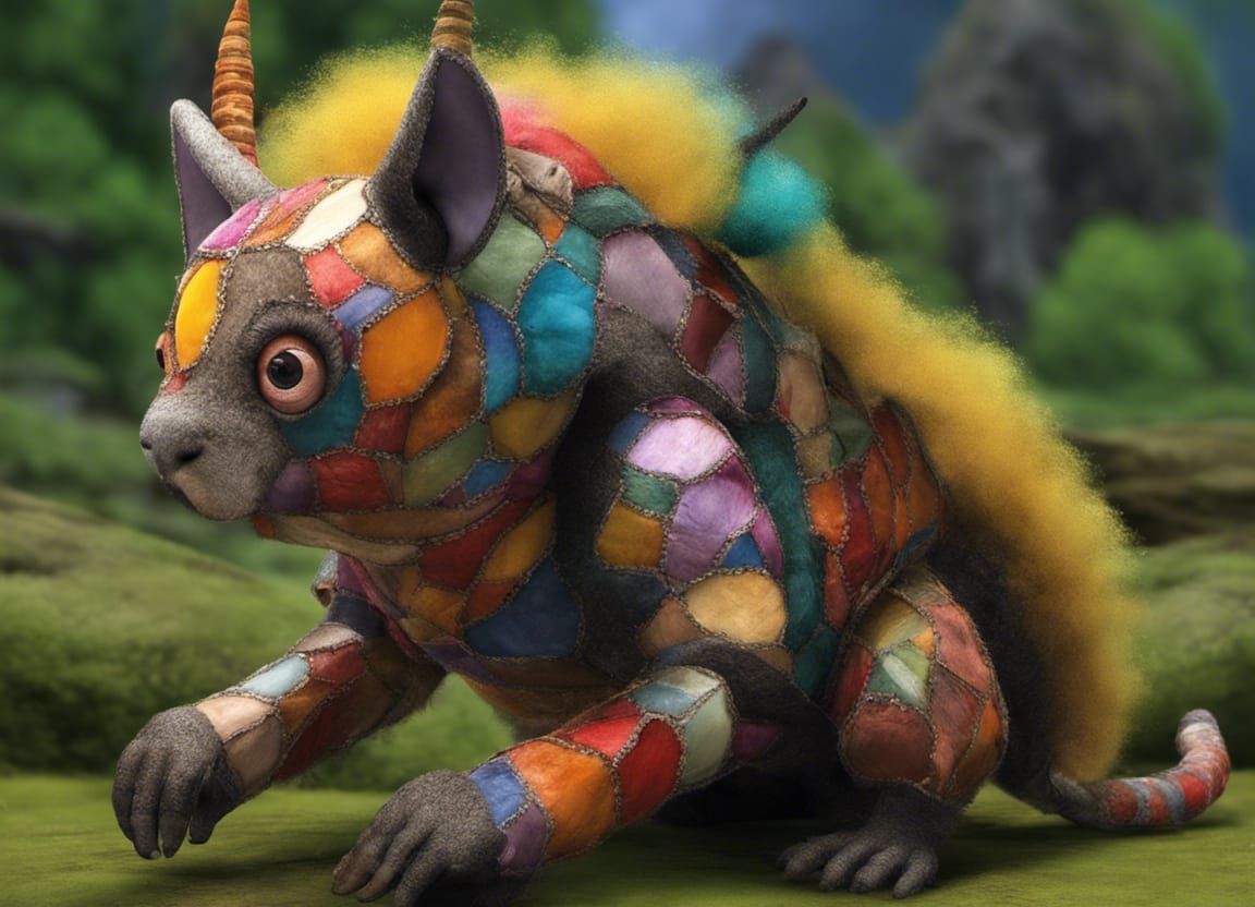 plush fluffy patchwork creature, by 3D textile collage artist ...