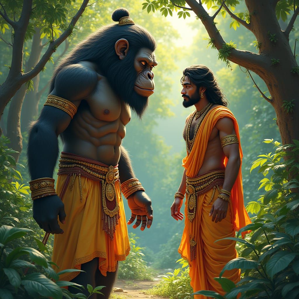 Rama meets Hanuman who is an apeman in Jungle - AI Art