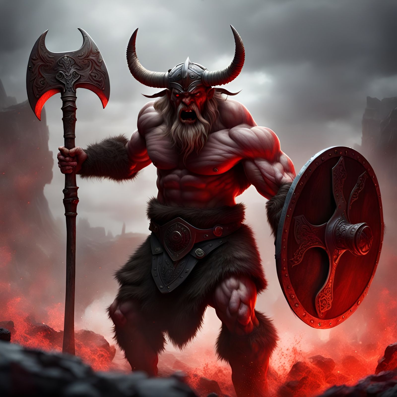 A tall part Minotaur part viking wielding a large battle axe standing ...