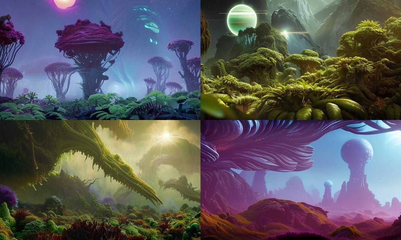 "Alien planet with glowing plants, By cinematic by Dan Mumford By James ...