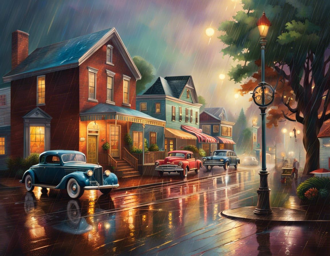 vintage American small town in falling rain in the style of Thomas ...