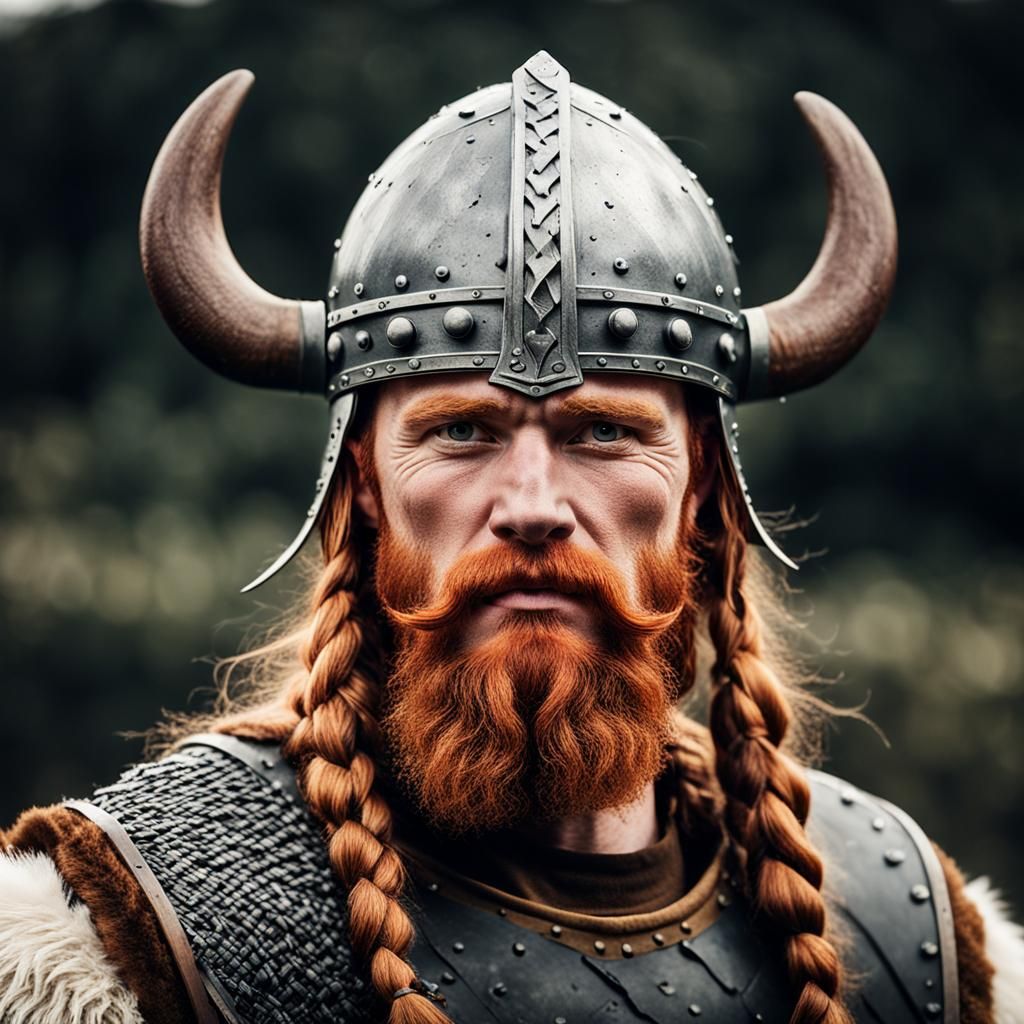 Red-haired Viking man wearing an Authentic styled Viking helmet - AI ...