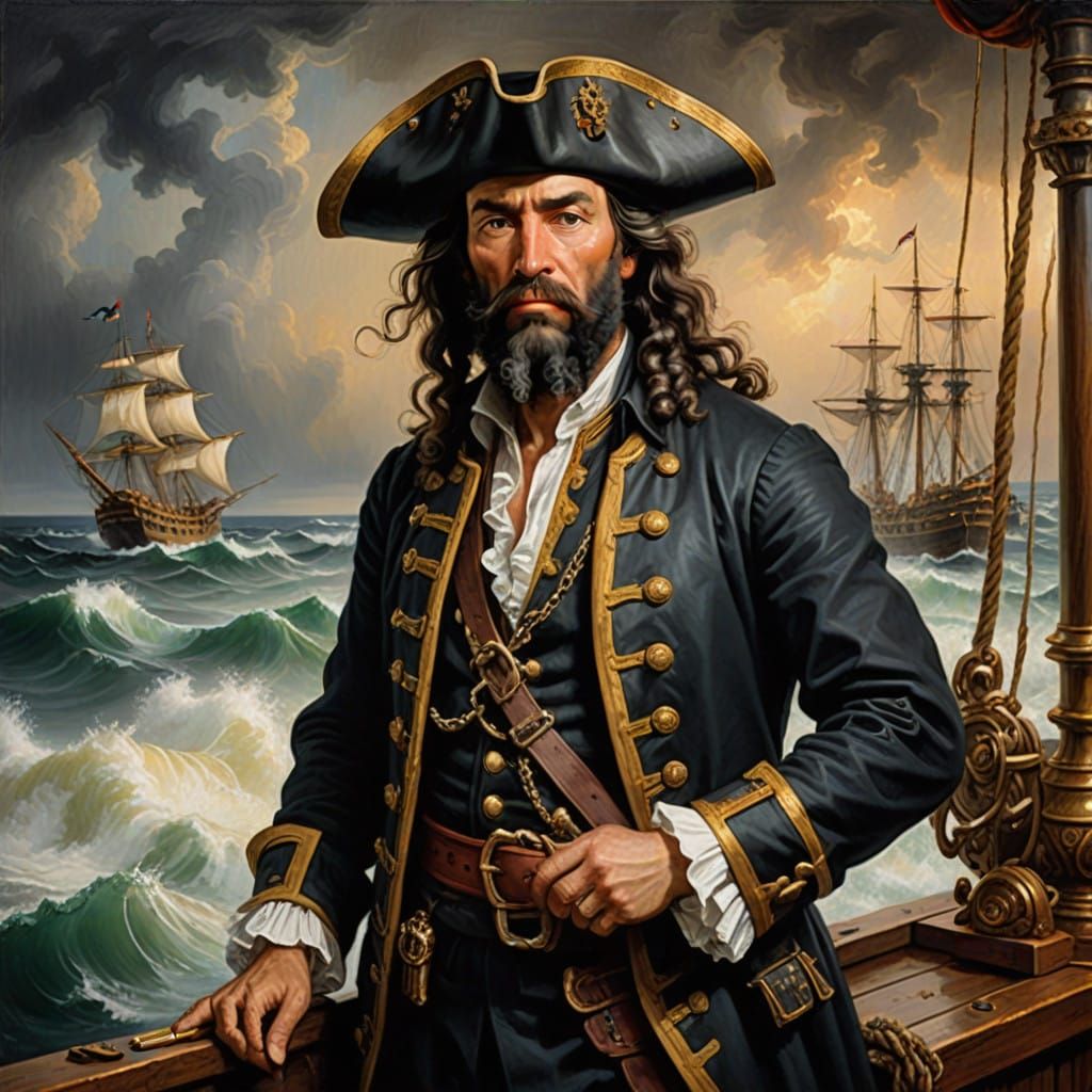 Time accurate oil painting of Blackbeard the pirate