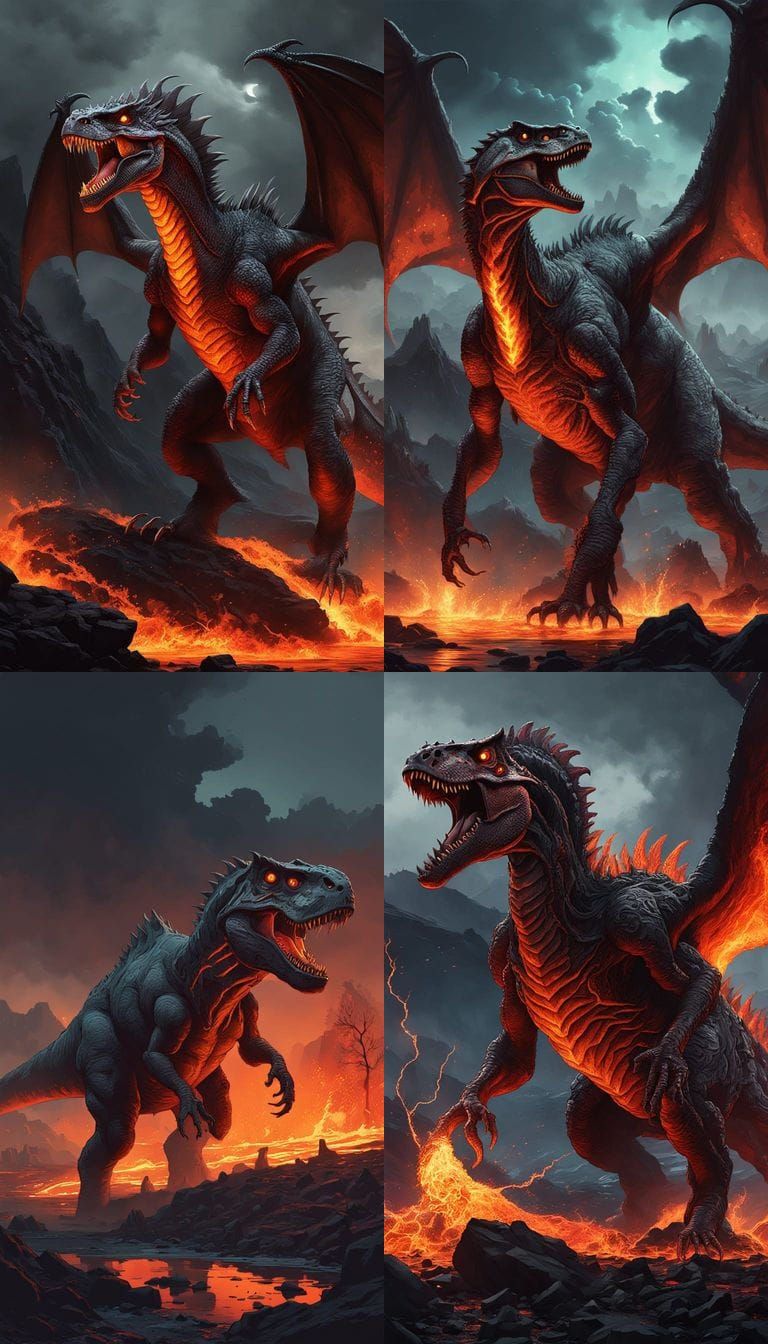Fantastical Fire-Dragon T-Rex in Volcanic Landscap... - AI Art
