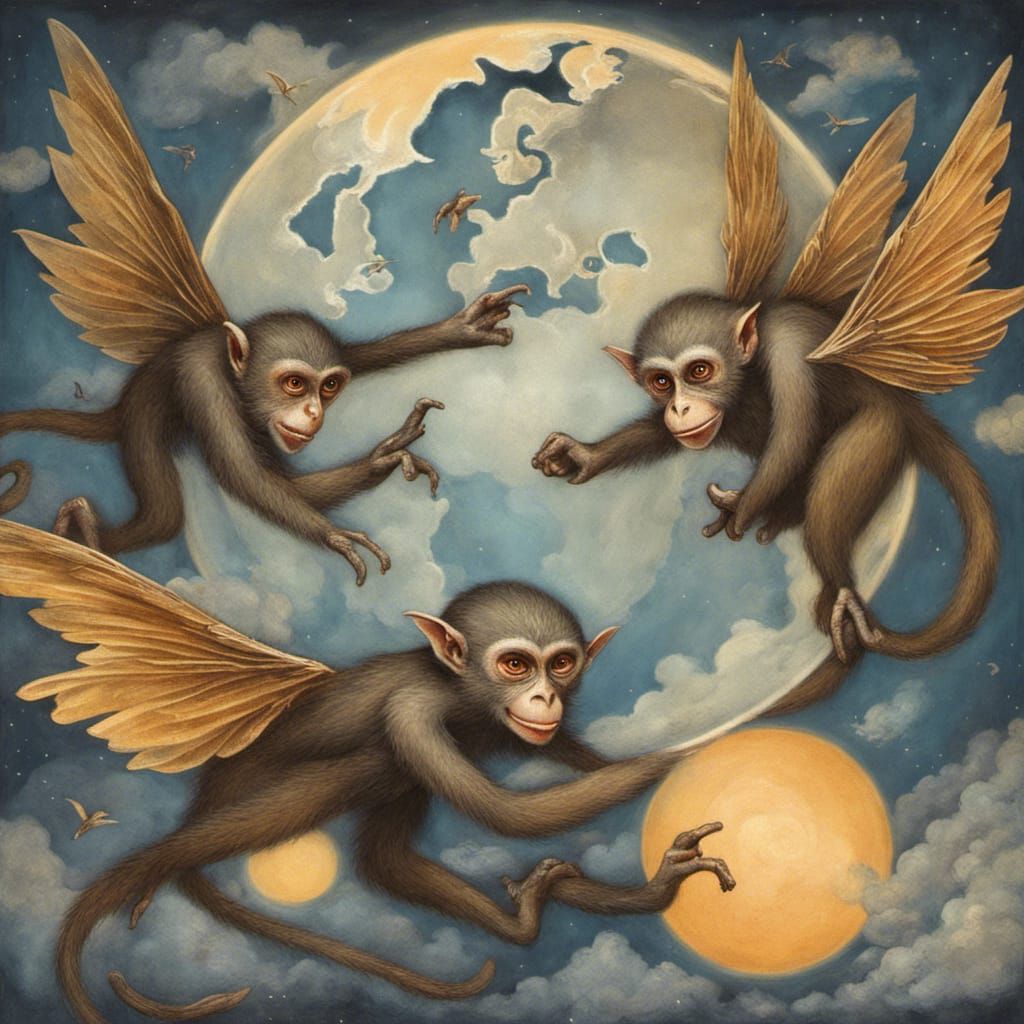 Flying Monkeys with wings orbitting the earth; Amazing depth of field ...