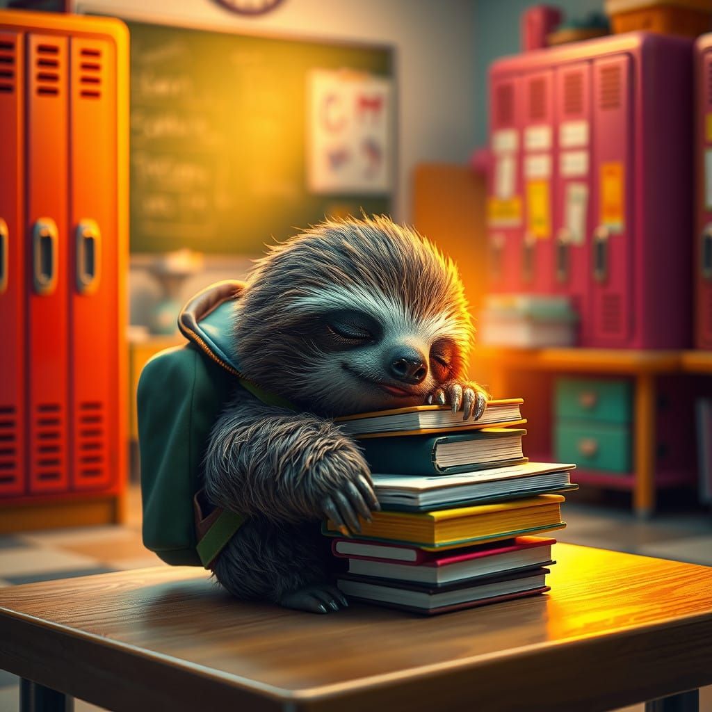 Sloth in School, Slumbering in a Miniature Classro... - AI Art