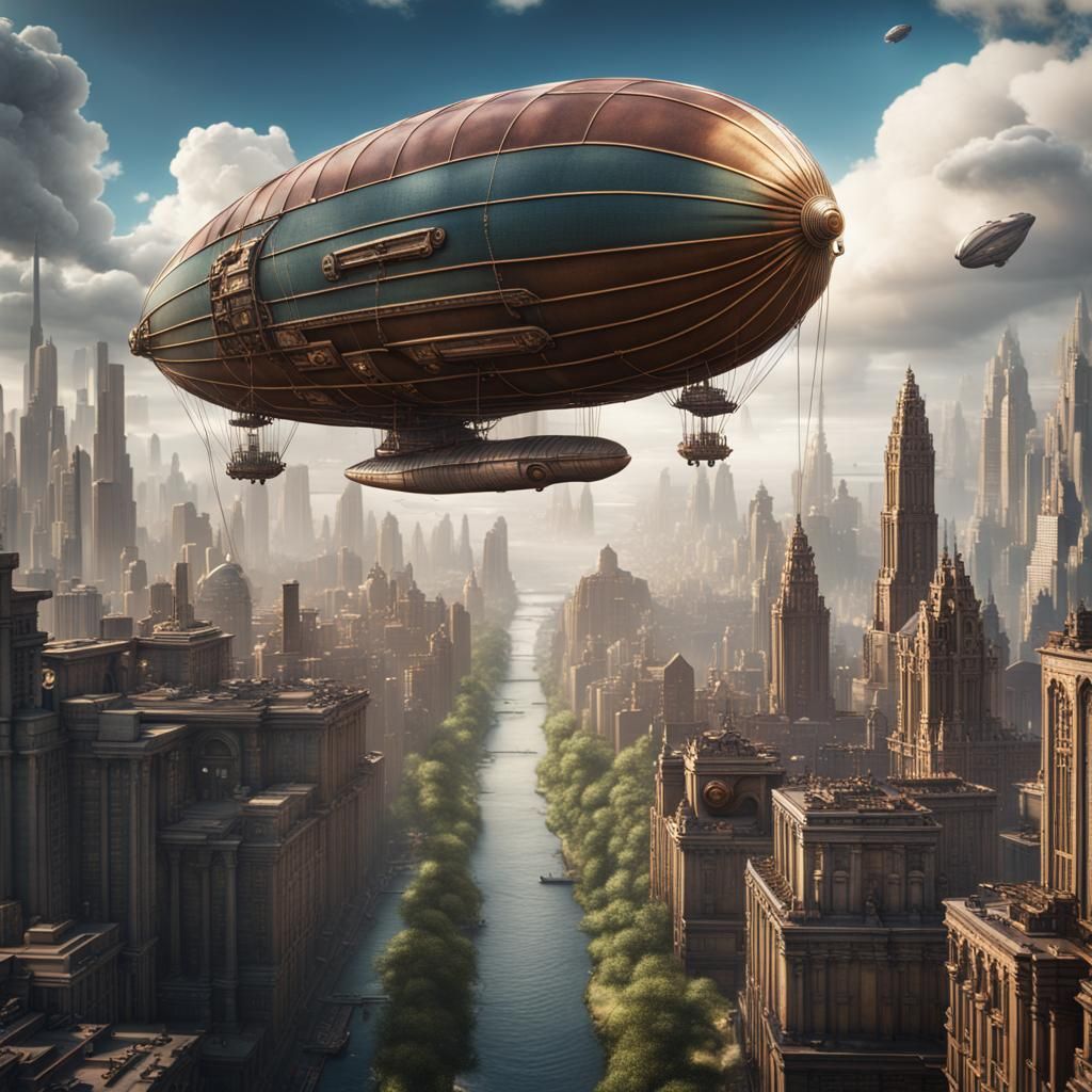 View of Metropolis city with a flying Zeppelin : r/nightcafe