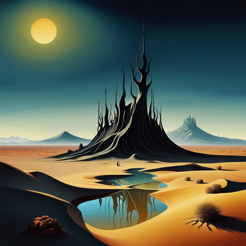 Surrealist Desert Dreamscape with Eerie Silhouette... - AI Art
