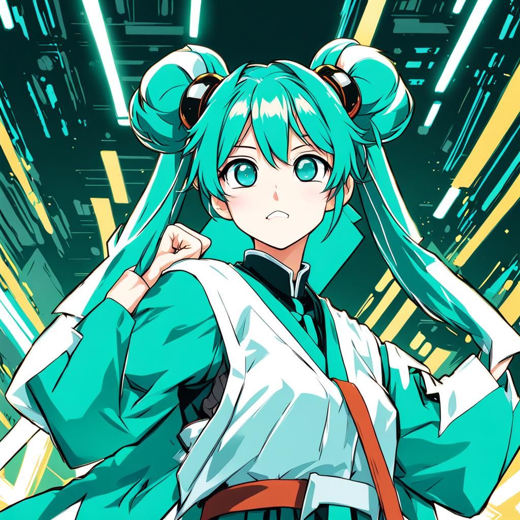 A girl like Hatsune Miku with two buns in her hair and herioc clothes ...