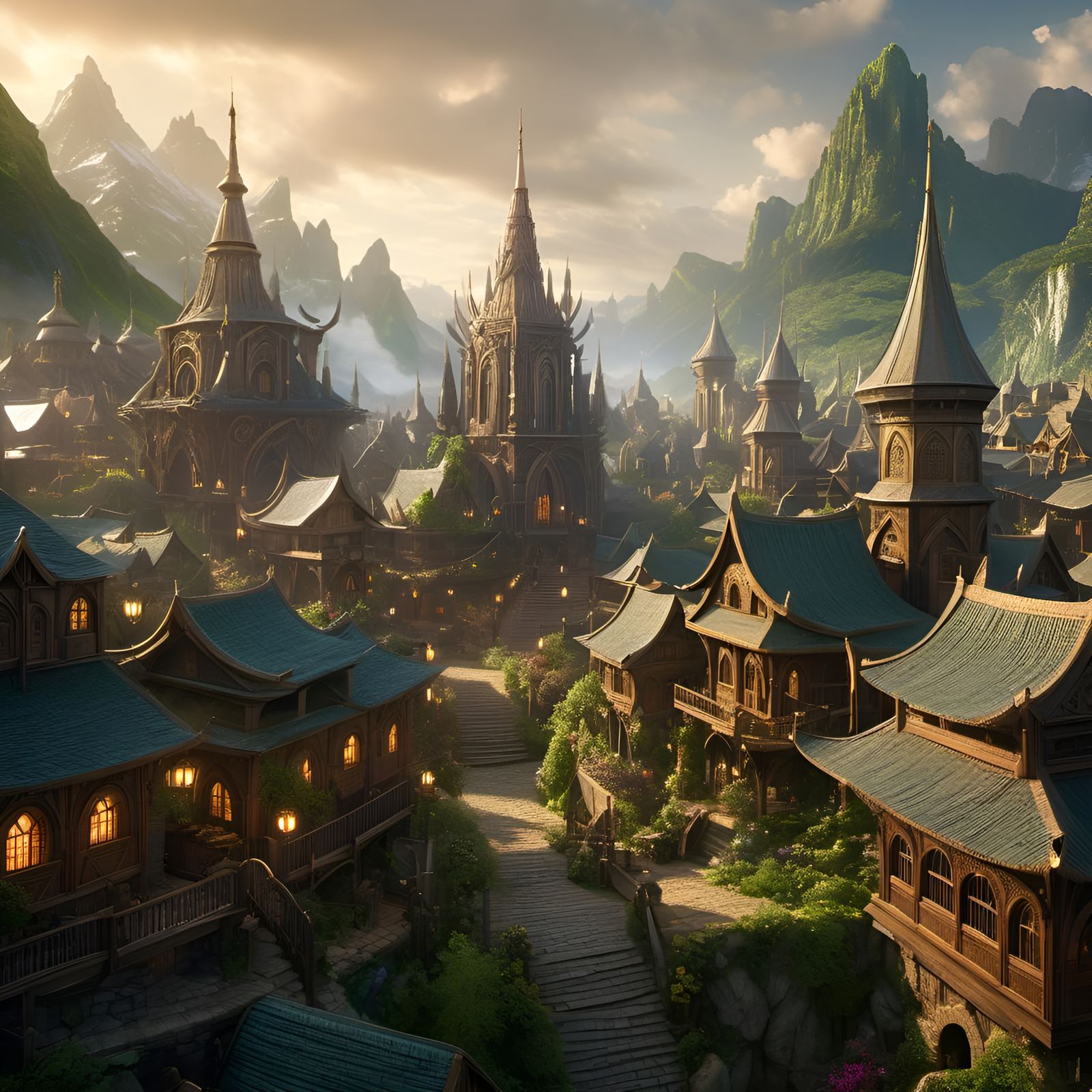 Elven town Epic cinematic brilliant stunning intricate meticulously ...