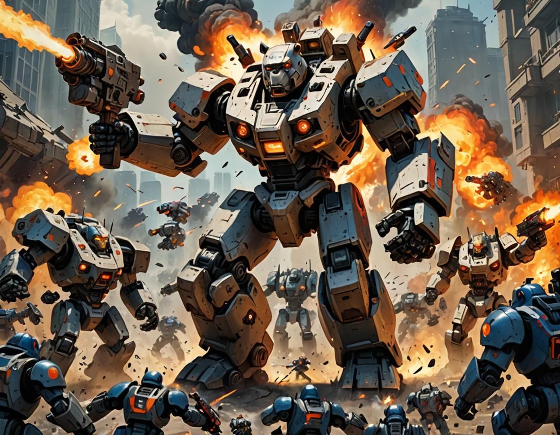 An android bear with a flamethrower arm fights a horde of giant mechs ...