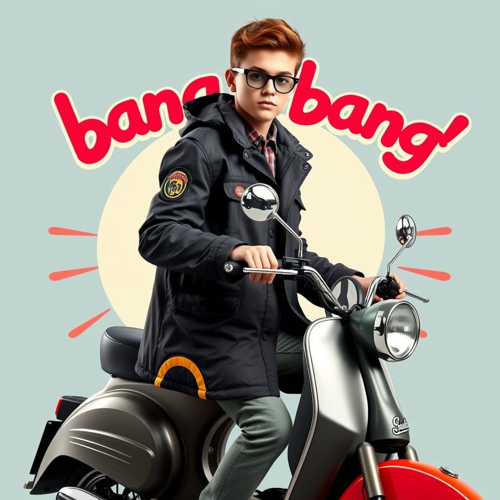 Mod wearing a parka on a mod scooter wrapped in "bang bang" artwork