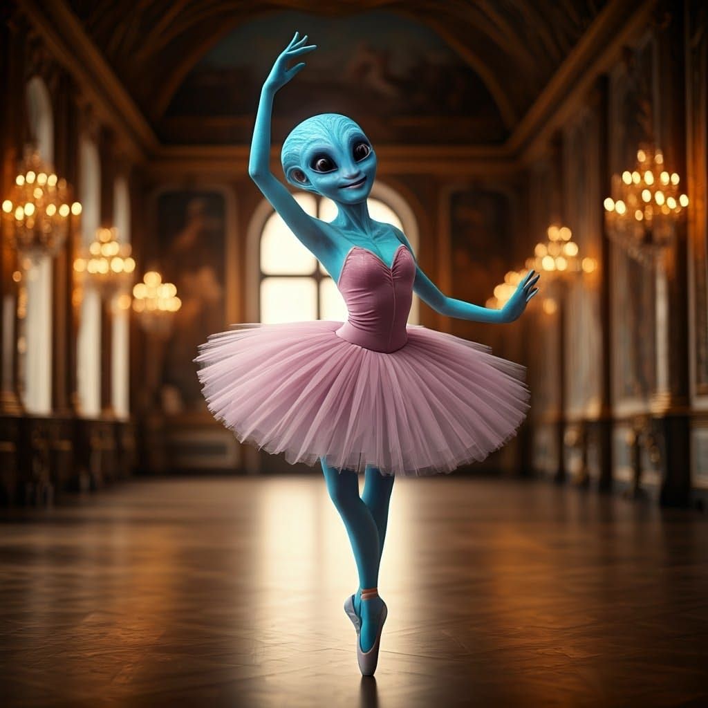 fake 3 A smiling alien, dressed in a tutu, is dancing in a room with a ...