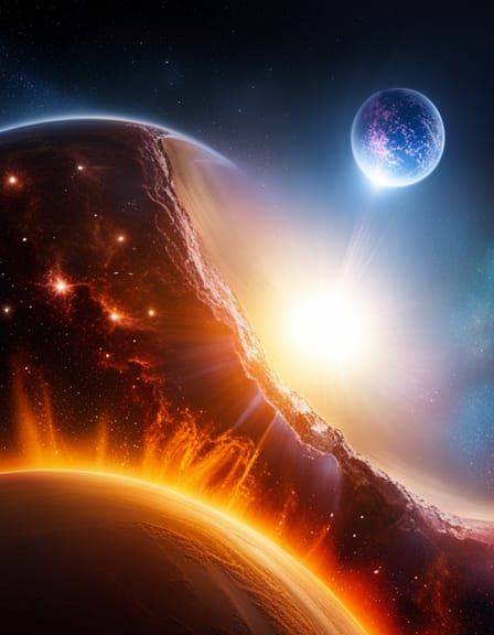 planetary pool, two planets colliding shattering breaking apart, shards ...