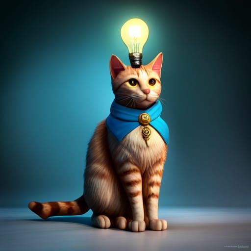 a picture of a cat holding a lightbulb, the cat wearing a blue scarf ...