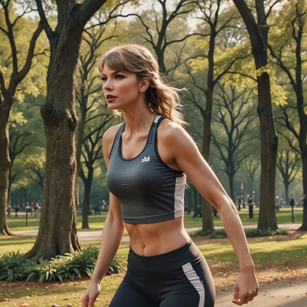 Taylor Swift wearing workout outfit standing in park - AI Generated ...