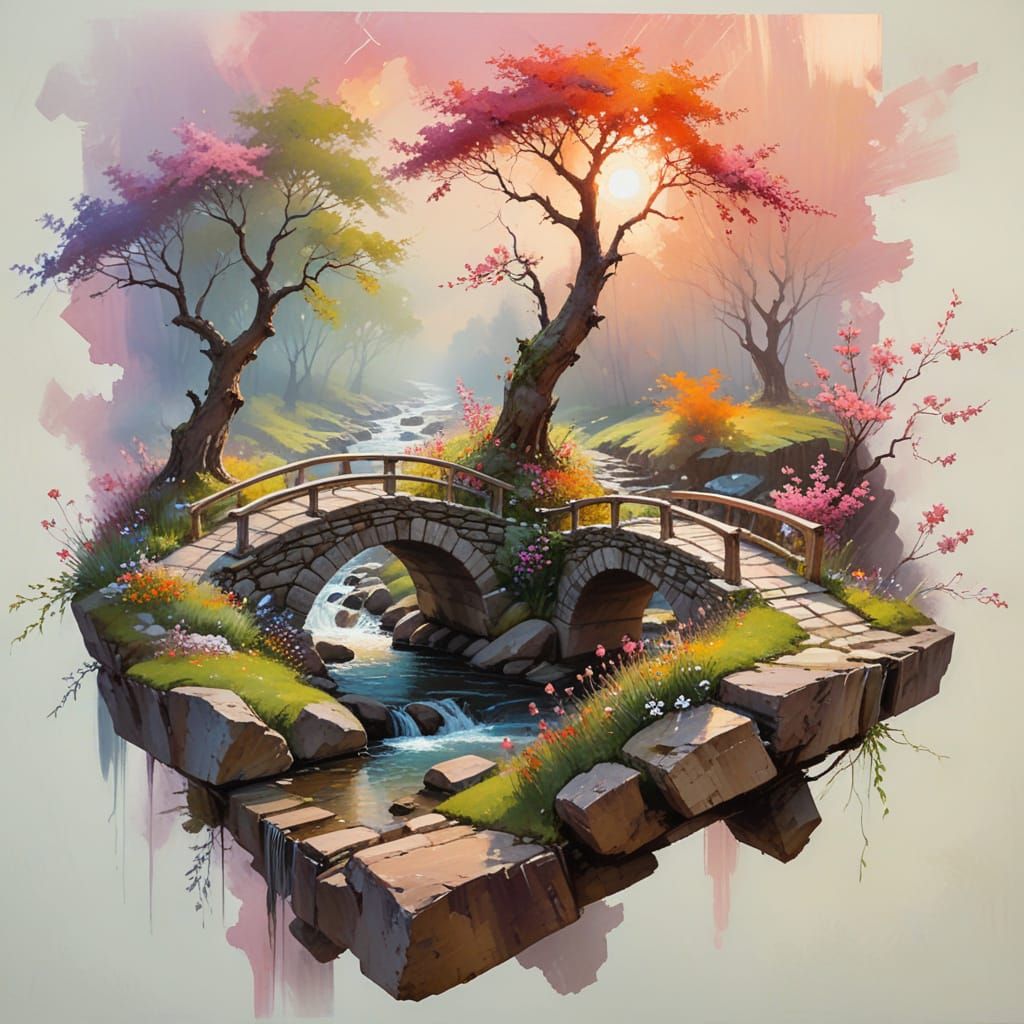 Vibrant Spring Bridge Amid Blossoming Vales in a K... - AI Art