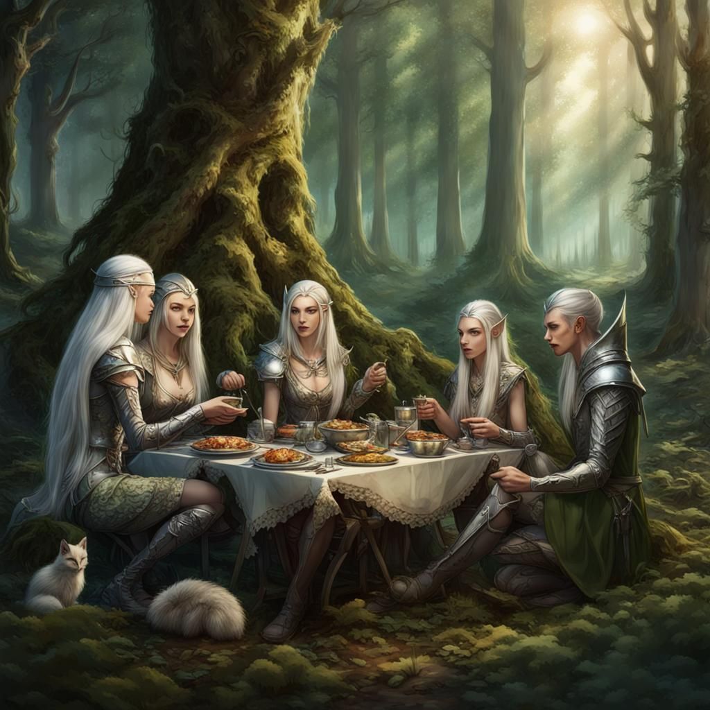 chrome elven family eating dinner in the forest with a beautiful forest ...
