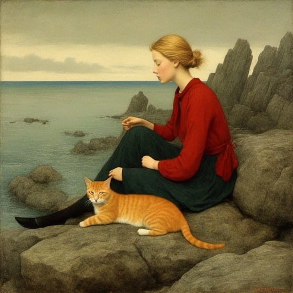 cute with her ginger cat on a rocky coast, by Luis Gabriel Pacheco ...