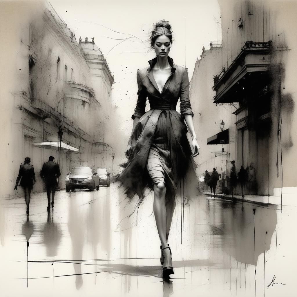 Fashion illustration in olpntng style, charcoal sketch and ink wash of ...